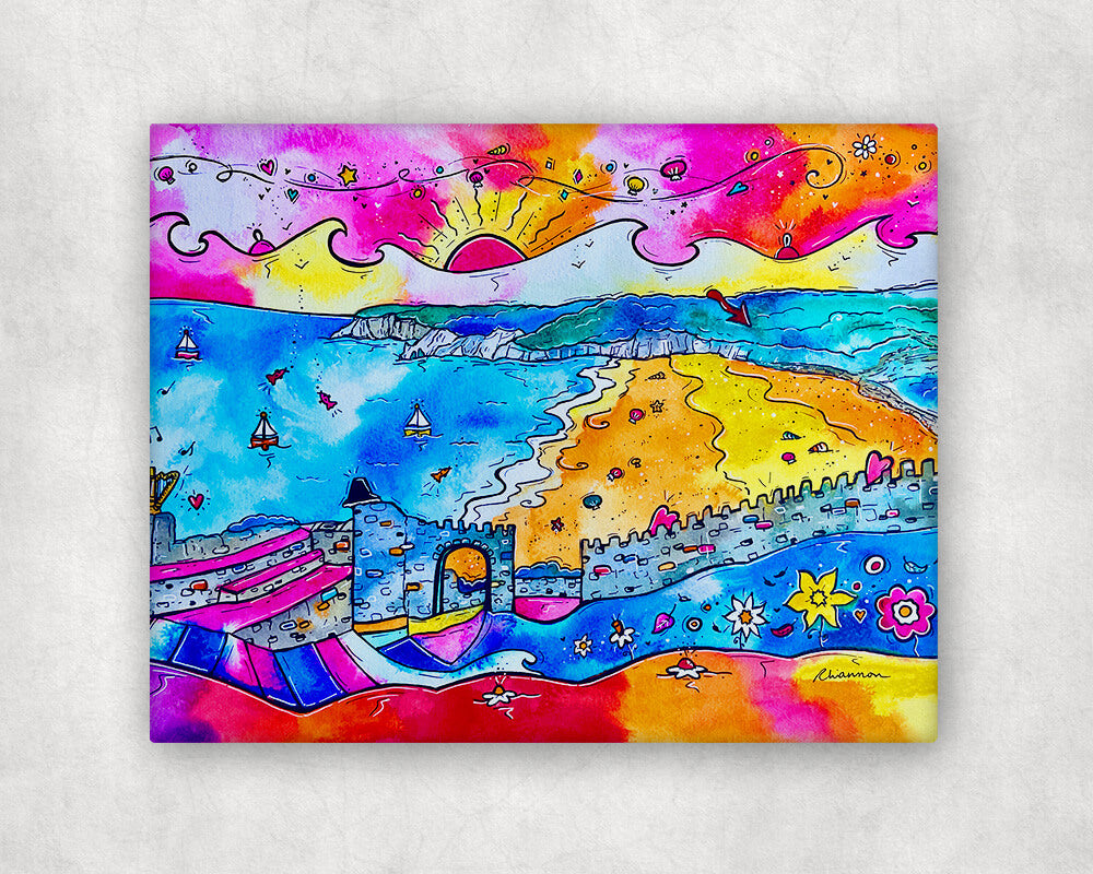 Rhiannon Art, Barry Island, Happy Beach, Printed Canvas