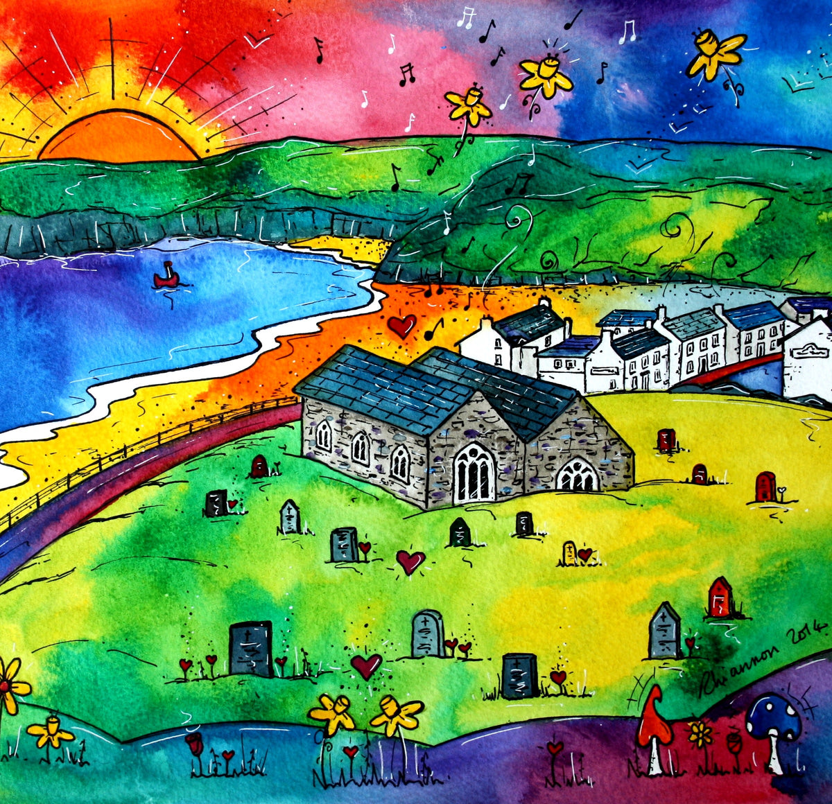Rhiannon Art, Aberdaron Peaceful Church Mounted Print