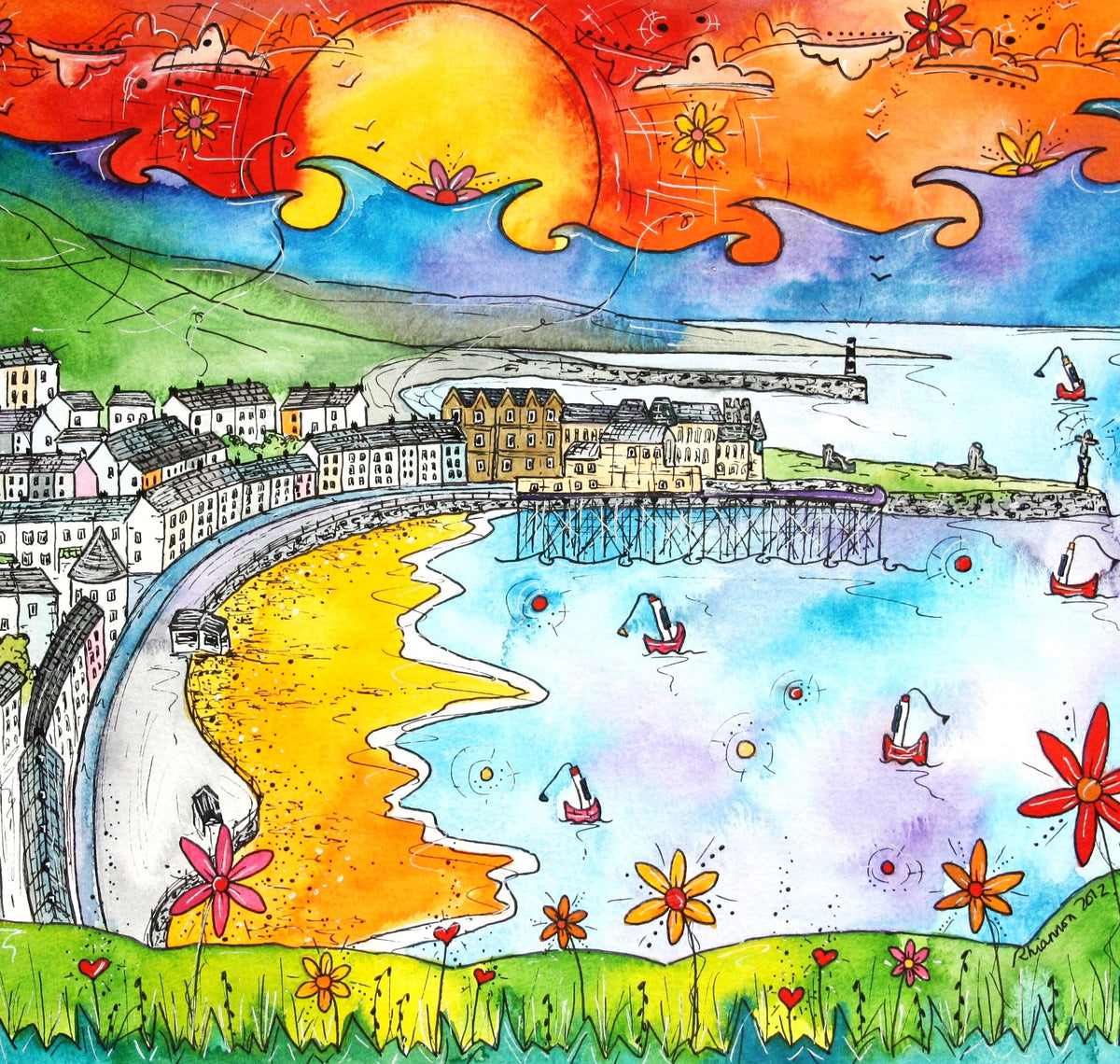 Rhiannon Art, Aberystwyth Sea View Mounted Print