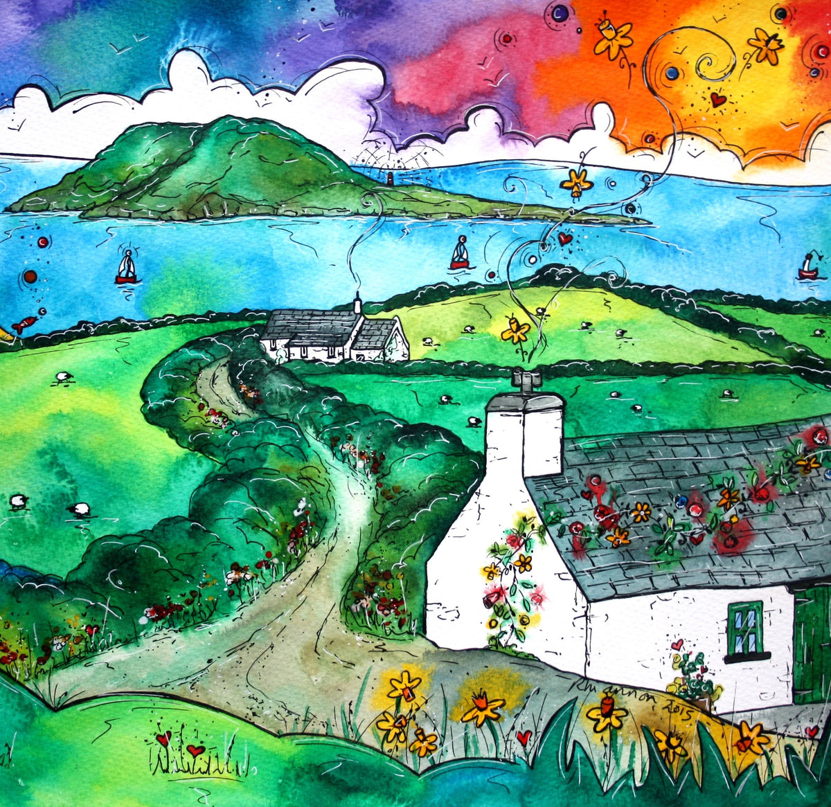 Rhiannon Art, Bardsey Island Little Cottage Mounted Print