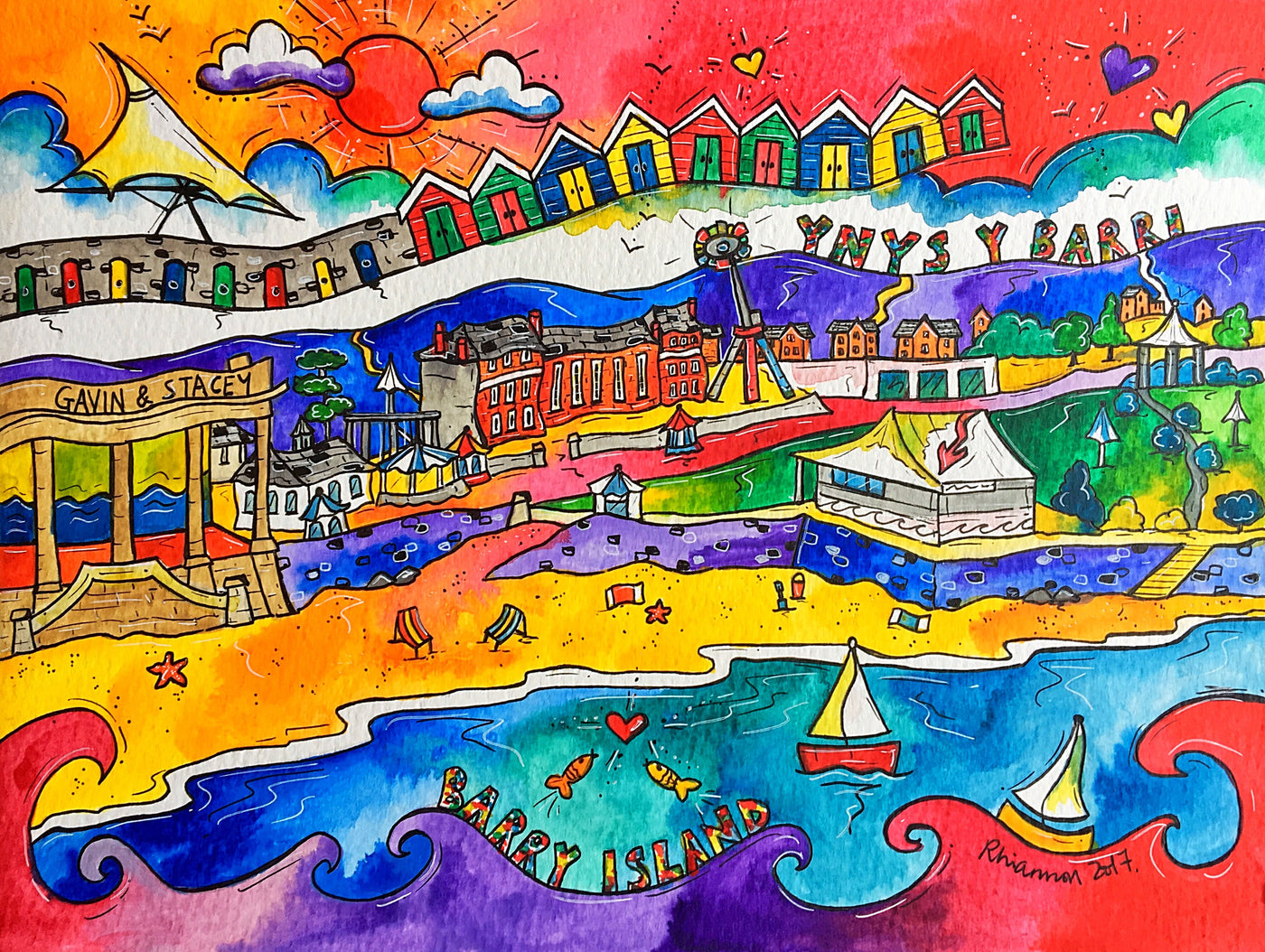 Rhiannon Art, Barry Island, Happy Beach, Printed Canvas