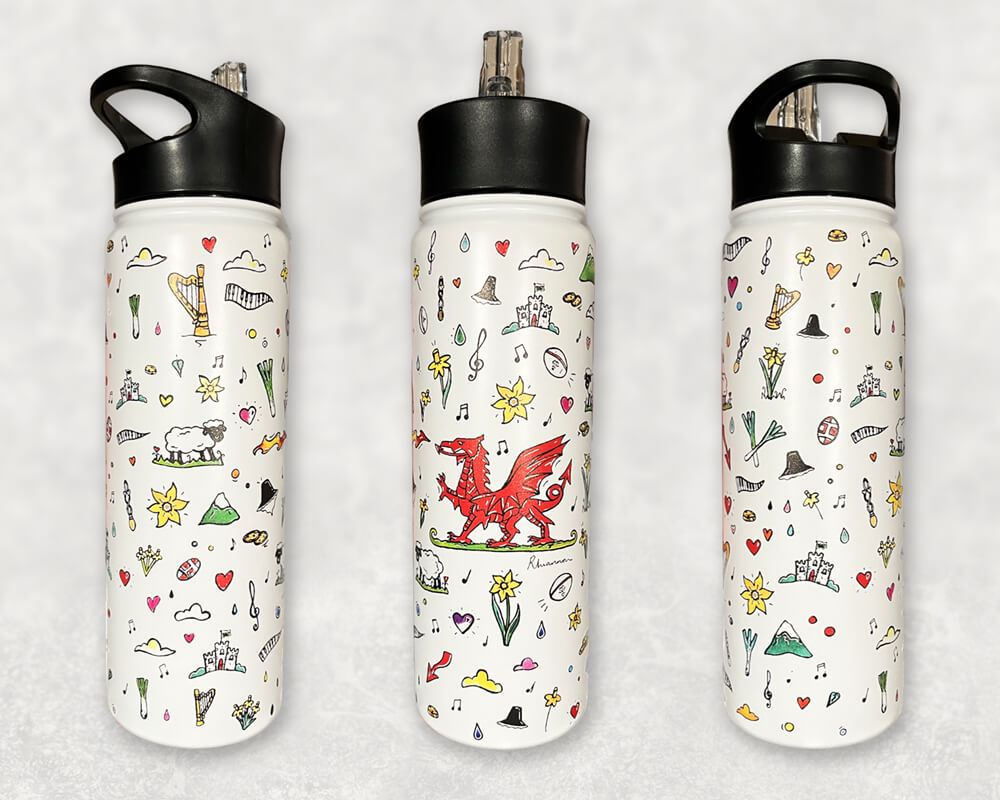 Welsh Dragon Water Bottle | Double Insulated Stainless Steel | Rhiannon Art