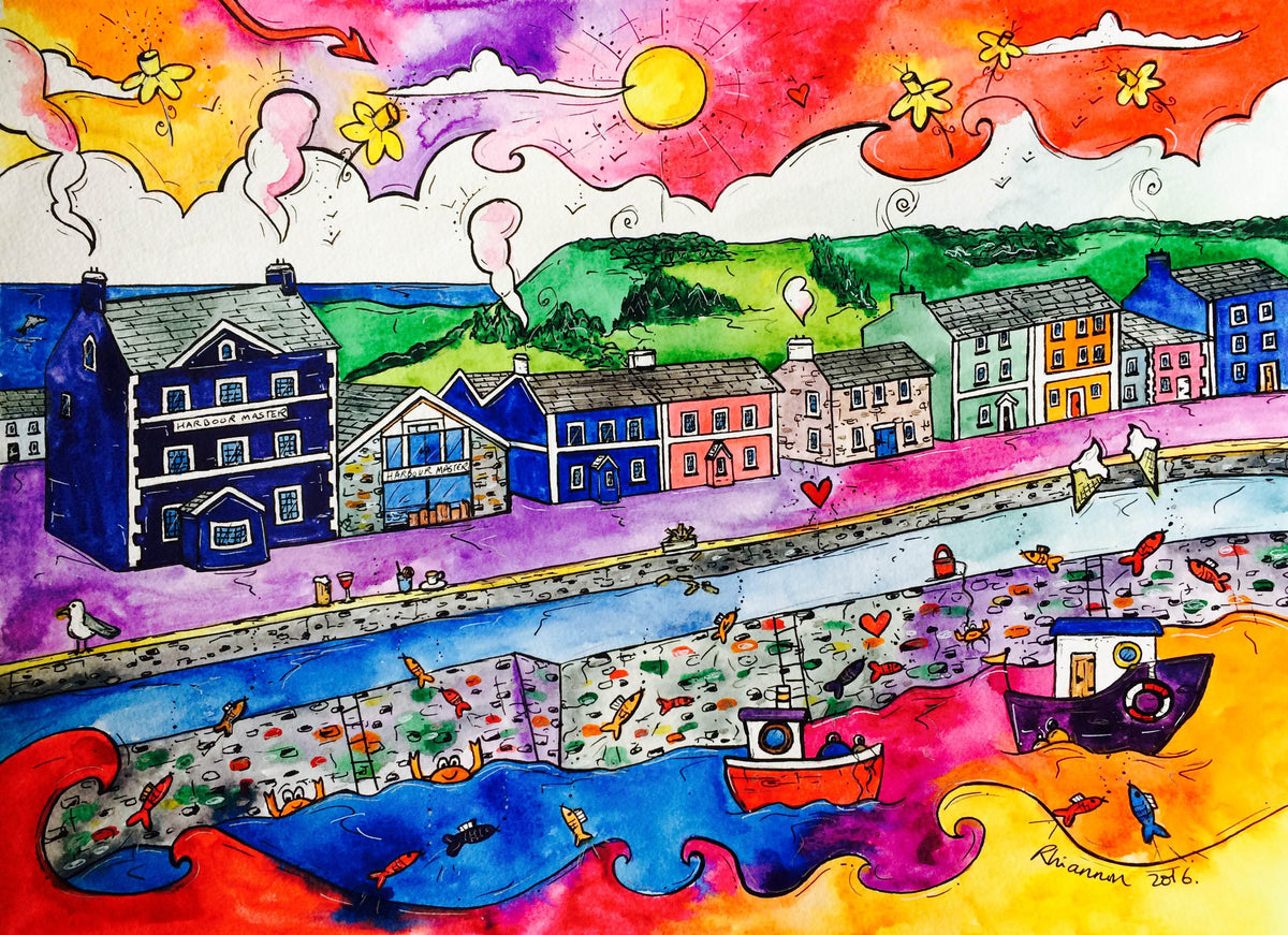 Rhiannon Art, Aberaeron Summer Harbour Printed Canvas